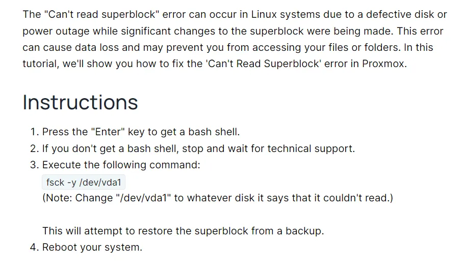 Resolving 'Can't Read Superblock' Error in Proxmox