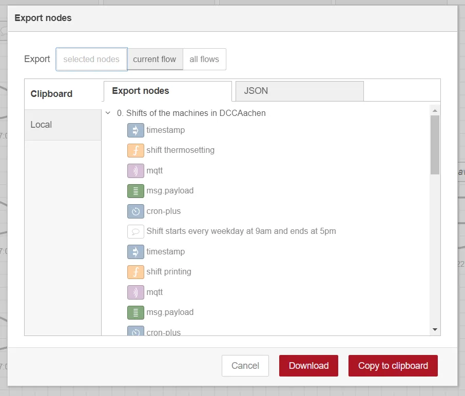 Importing and exporting in Node-RED