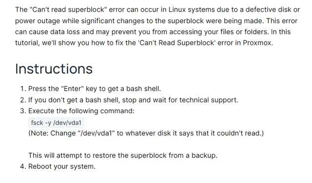Resolving 'Can't Read Superblock' Error in Proxmox